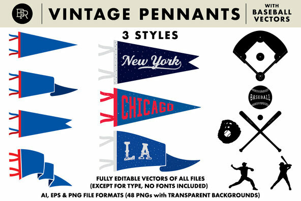 Vintage Pennants with Baseball Vectors Graphics - YouWorkForThem