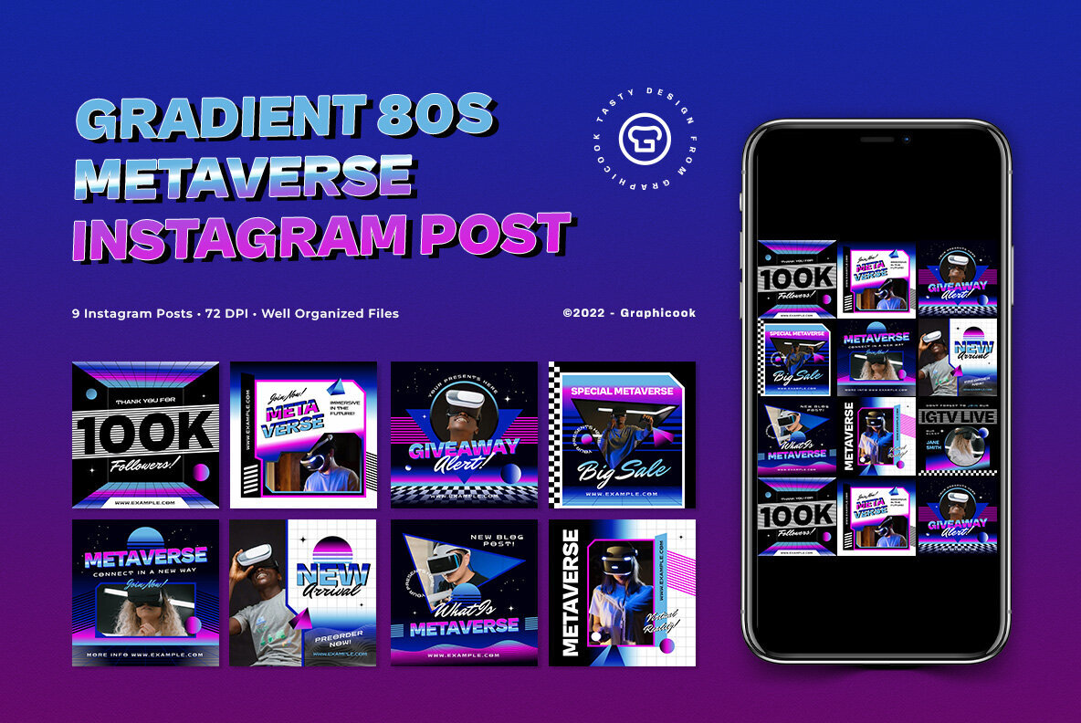 Purple Blue Gradient 80s Metaverse Instagram Pack Graphics - YouWorkForThem