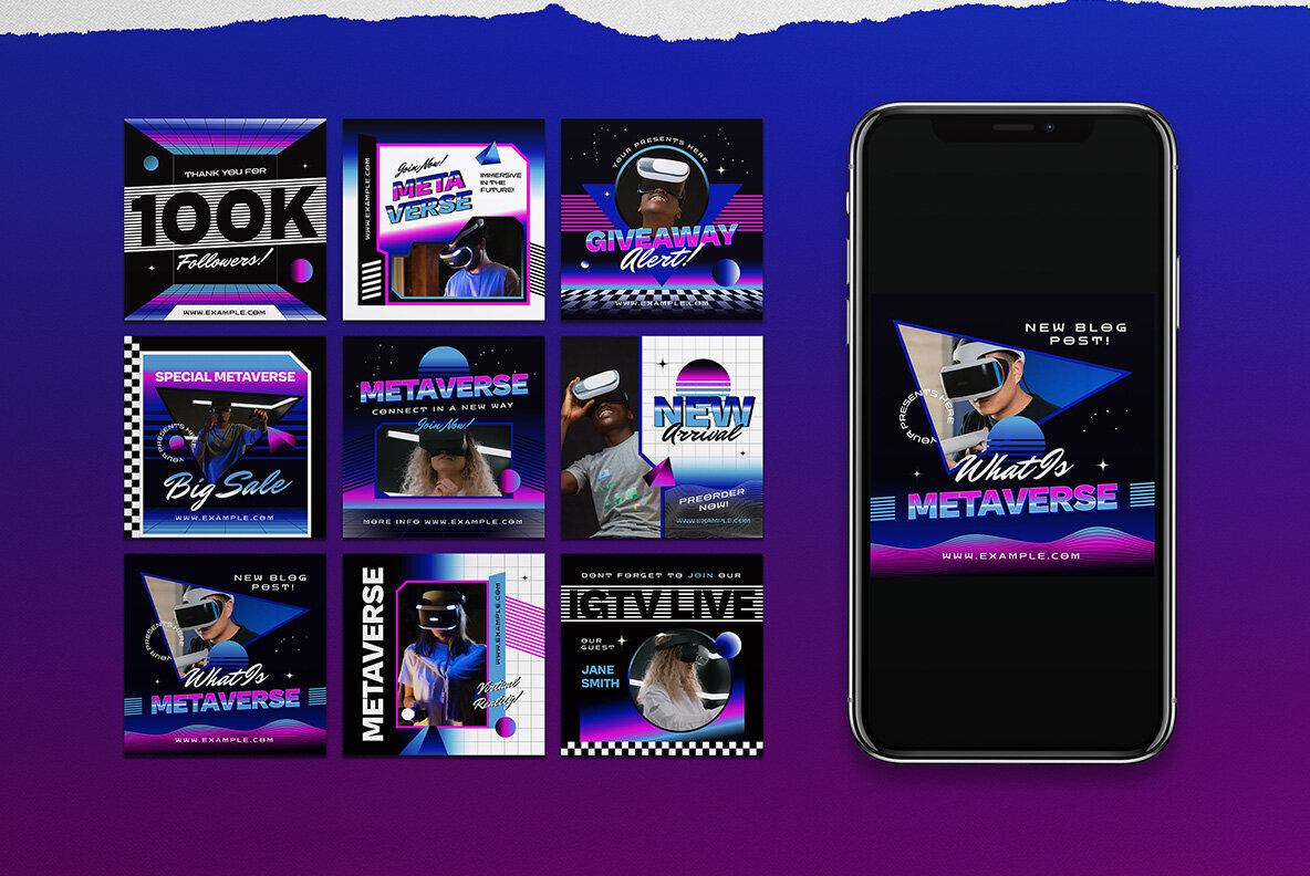 Purple Blue Gradient 80s Metaverse Instagram Pack Graphics - YouWorkForThem