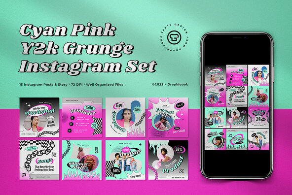 Cyan Pink Y2K Grunge Engagement Instagram Pack Graphics - YouWorkForThem