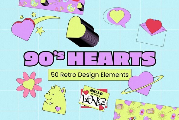 90s Hearts Retro Elements Graphics - YouWorkForThem