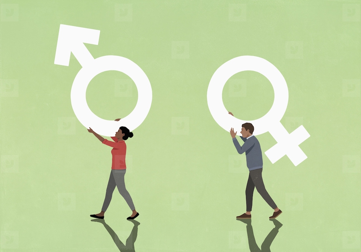 Couple carrying opposite gender symbols on green background stock photo ...